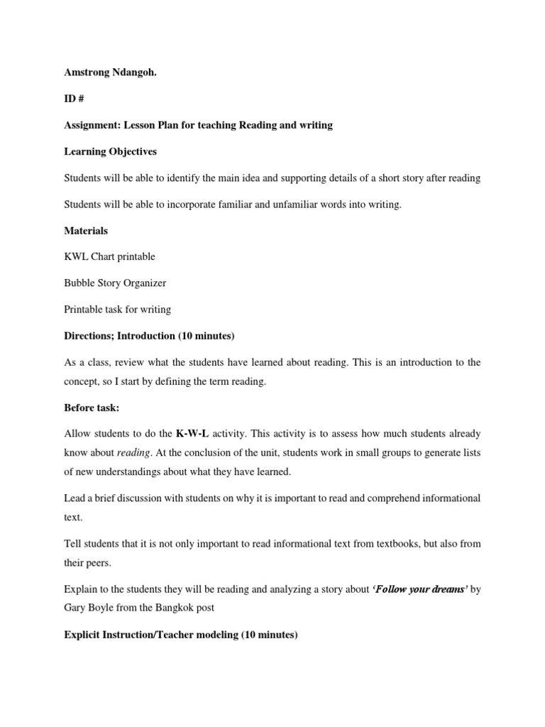 Lesson Plan For Reading and Writing | PDF | Lesson Plan | Reading (Process)