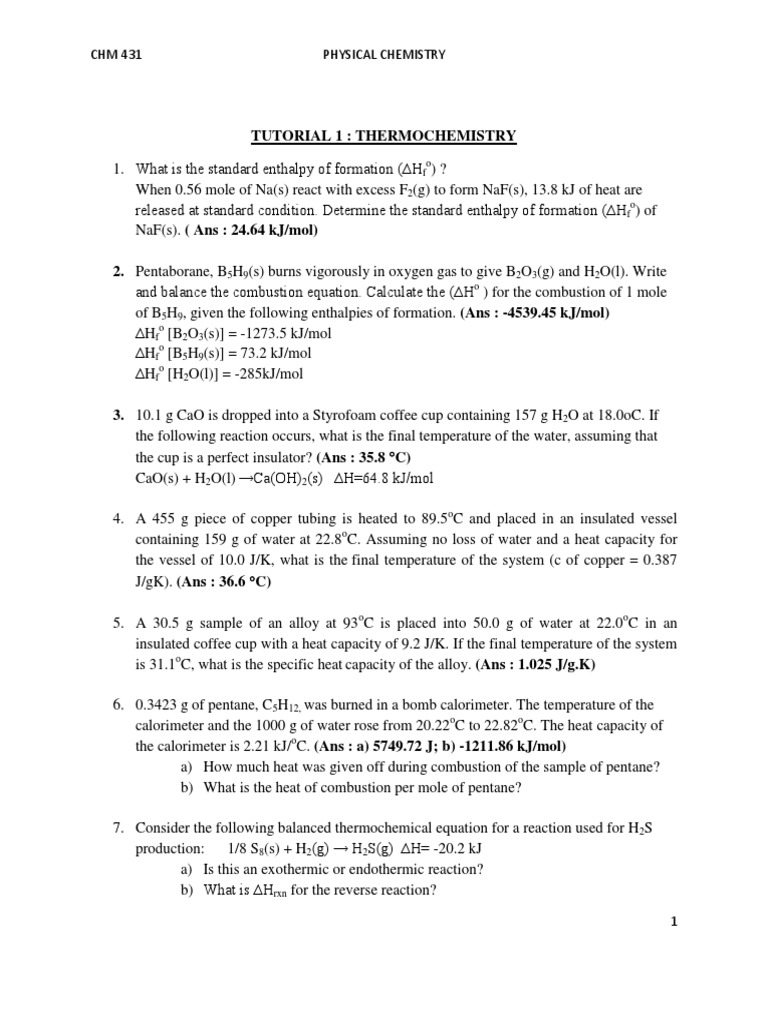 Tutorial Chapter 1-Thermochemistry | PDF | Combustion | Carbon Monoxide