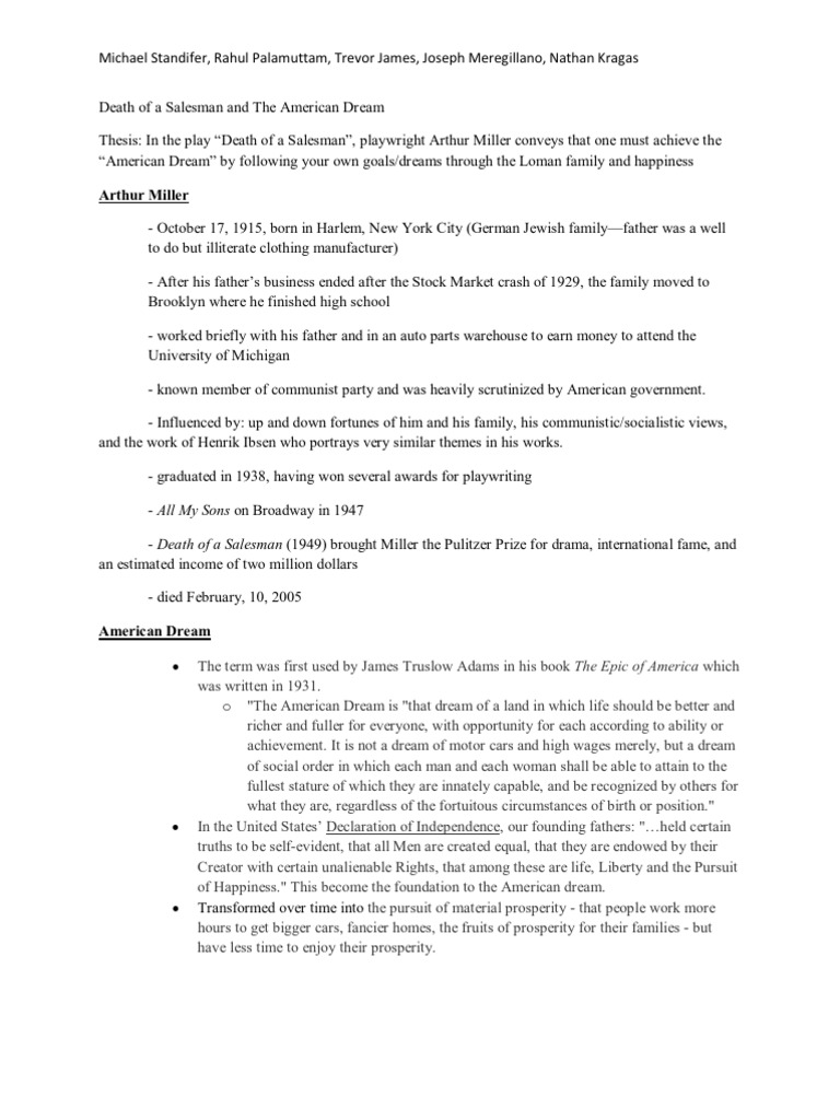 Death of A Salesman and The American Dream Final Outline | PDF ...