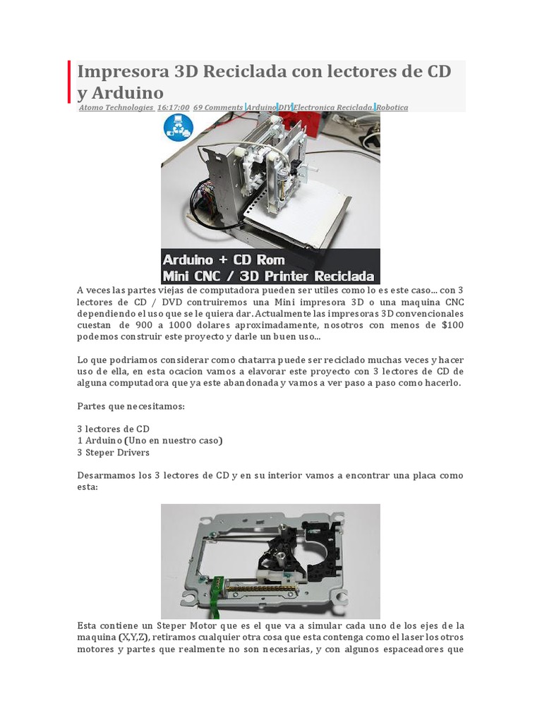 Impresora 3D Reciclada Con Lectores de CD y Arduino | PDF | Arduino | Disco compacto