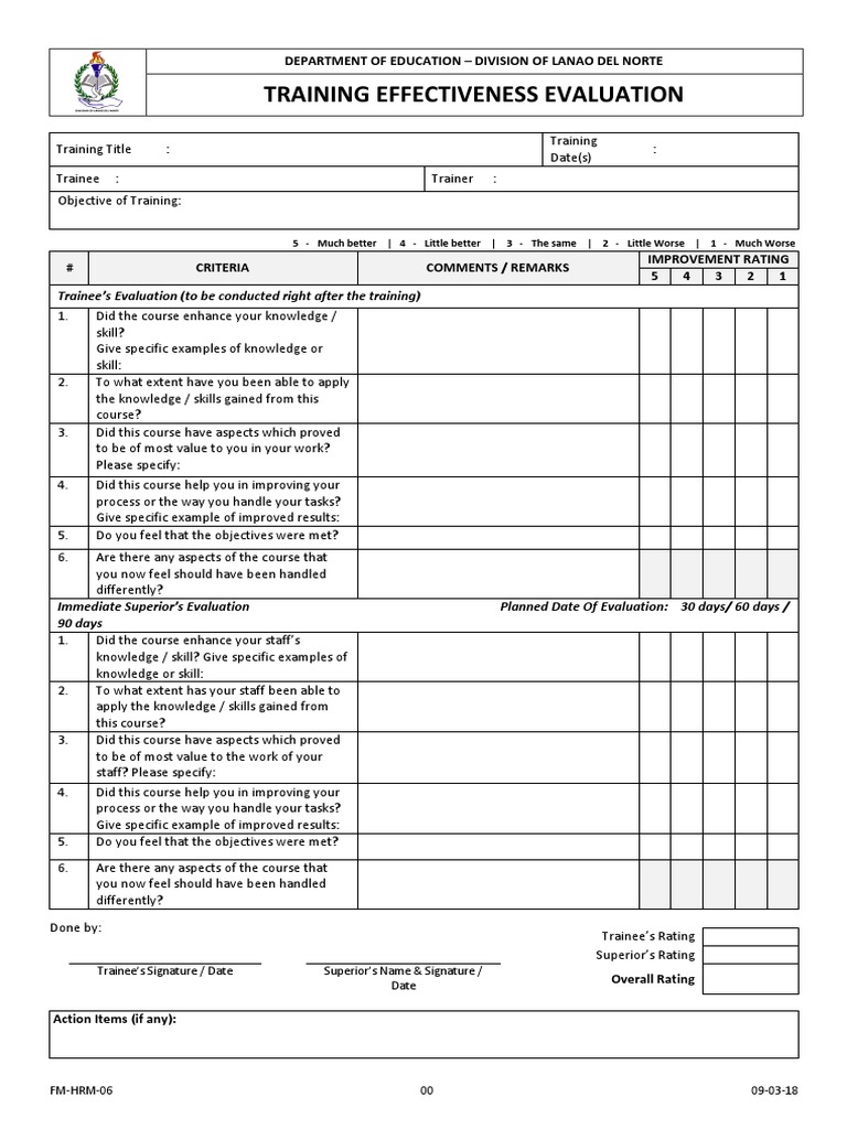 Training Effectiveness Evaluation: Trainee's Evaluation (To Be ...