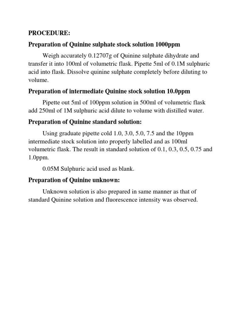 Procedure: Preparation of Quinine Sulphate Stock Solution 1000ppm | PDF
