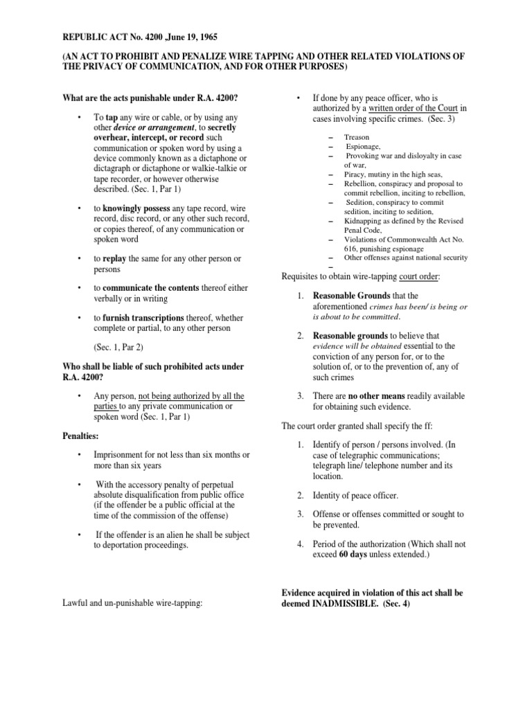 Anti Wire-Tapping Law Notes | PDF | Telephone Tapping | Crime & Violence