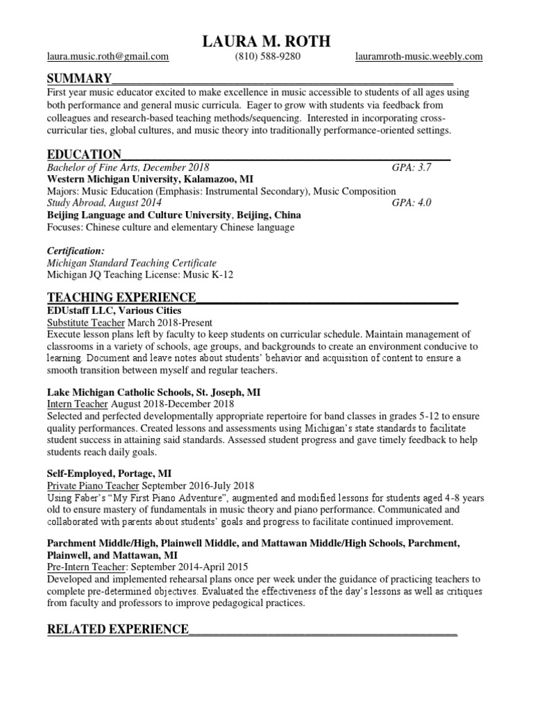 2019 Job Hunting Resume Template 1 | PDF | Music Education | Teachers