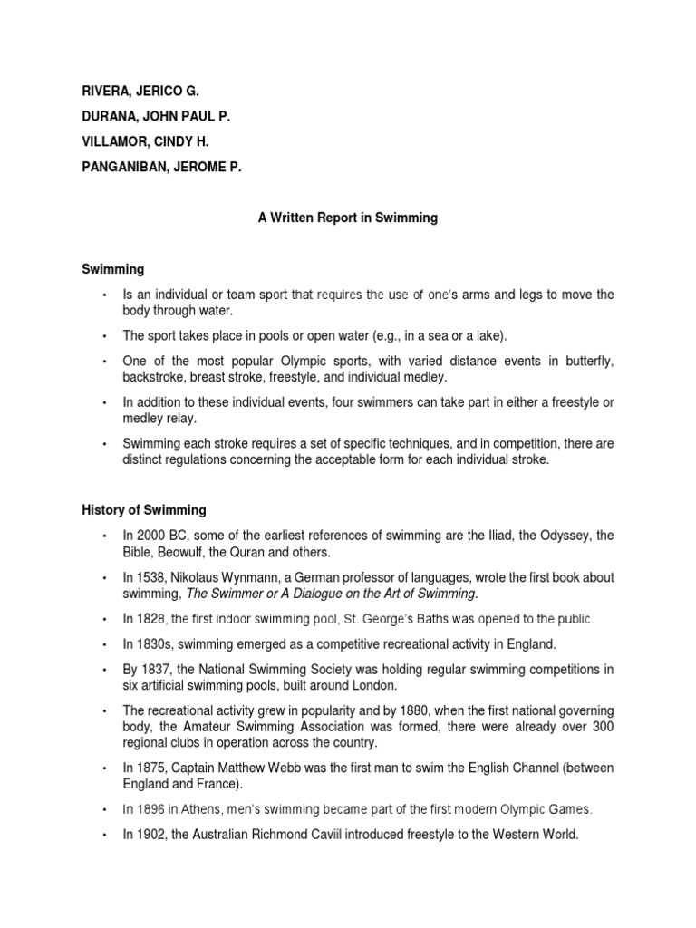 Written Report in Swimming | PDF | Swimming (Sport) | Water Sports
