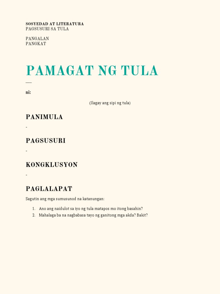 Pagsusuri Ng Tula Aralin (Ikaanim Na Linggo) Pagsusuri Sa Nilalaman