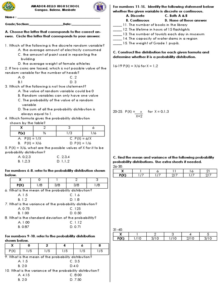 Statistics & Probability Summative Test | PDF | Probability ...