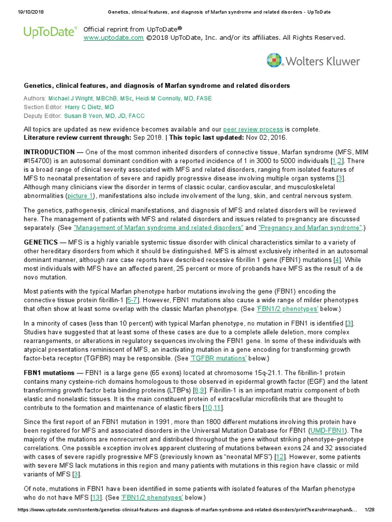 Genetics, Clinical Features, and Diagnosis of Marfan Syndrome and ...