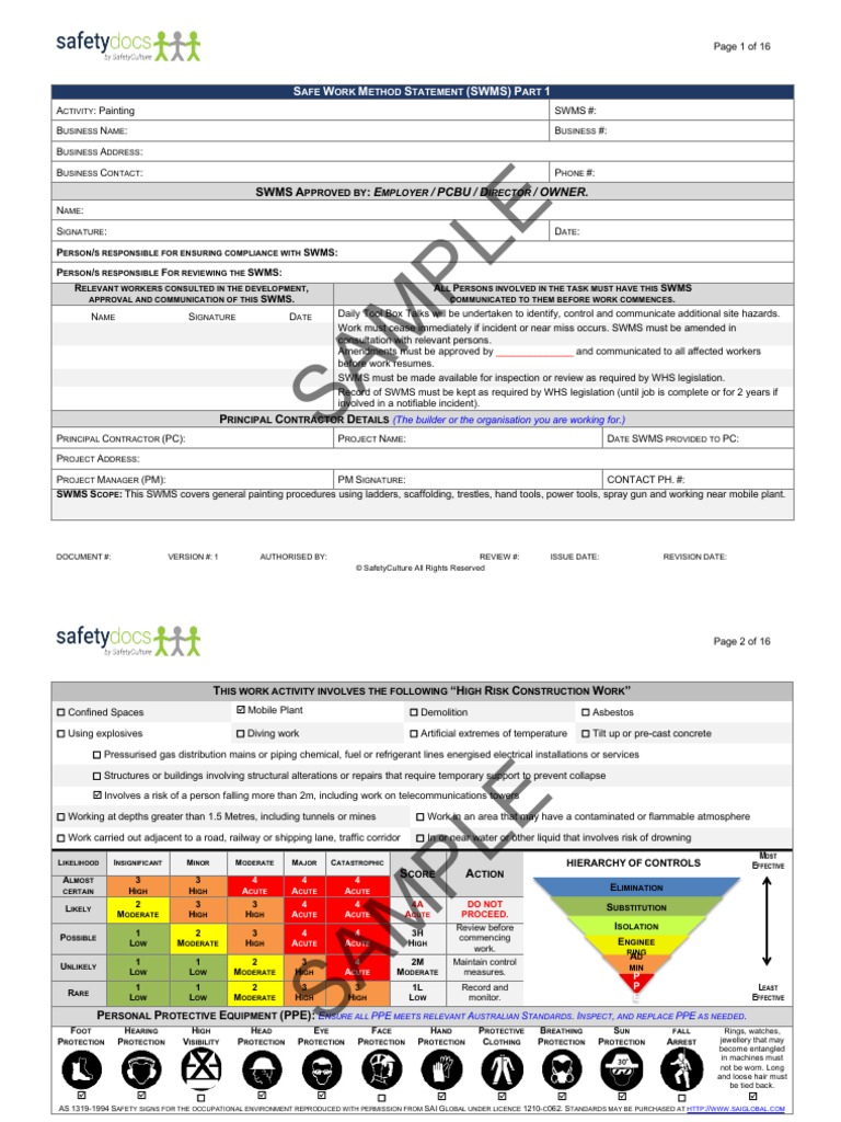 Painting (General Safety) SWMS 10183-4 - SAMPLE | PDF | Personal ...