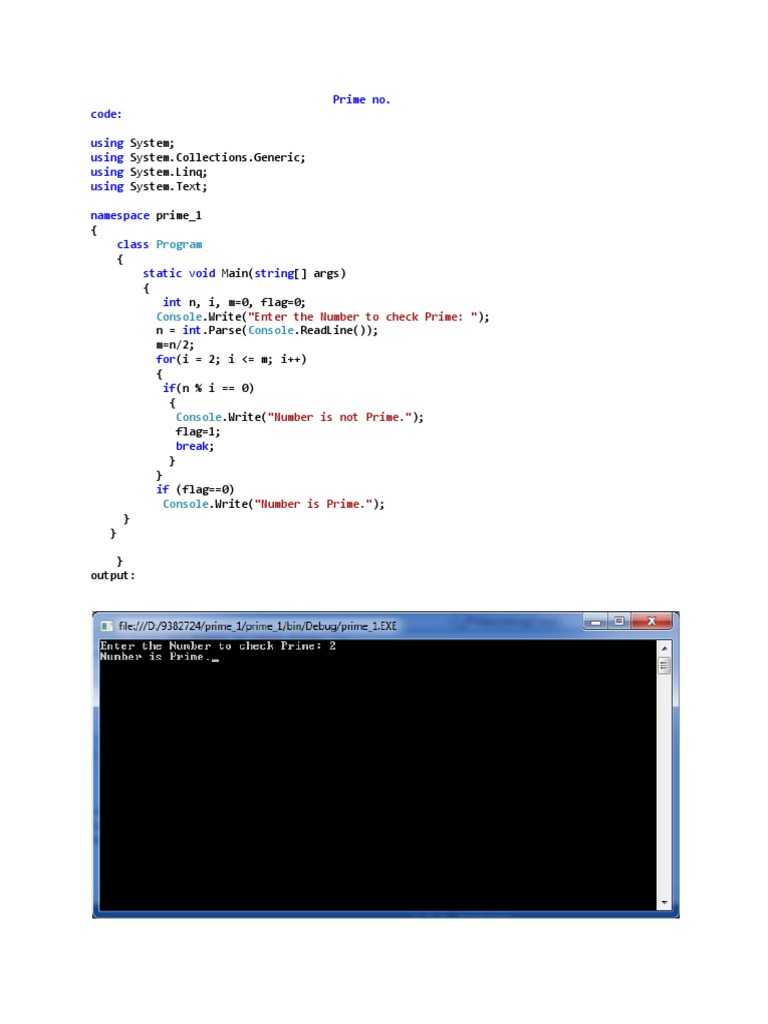 Prime No. Code: Using Using Using Using Namespace Class Static Void String Int Int For If | PDF ...