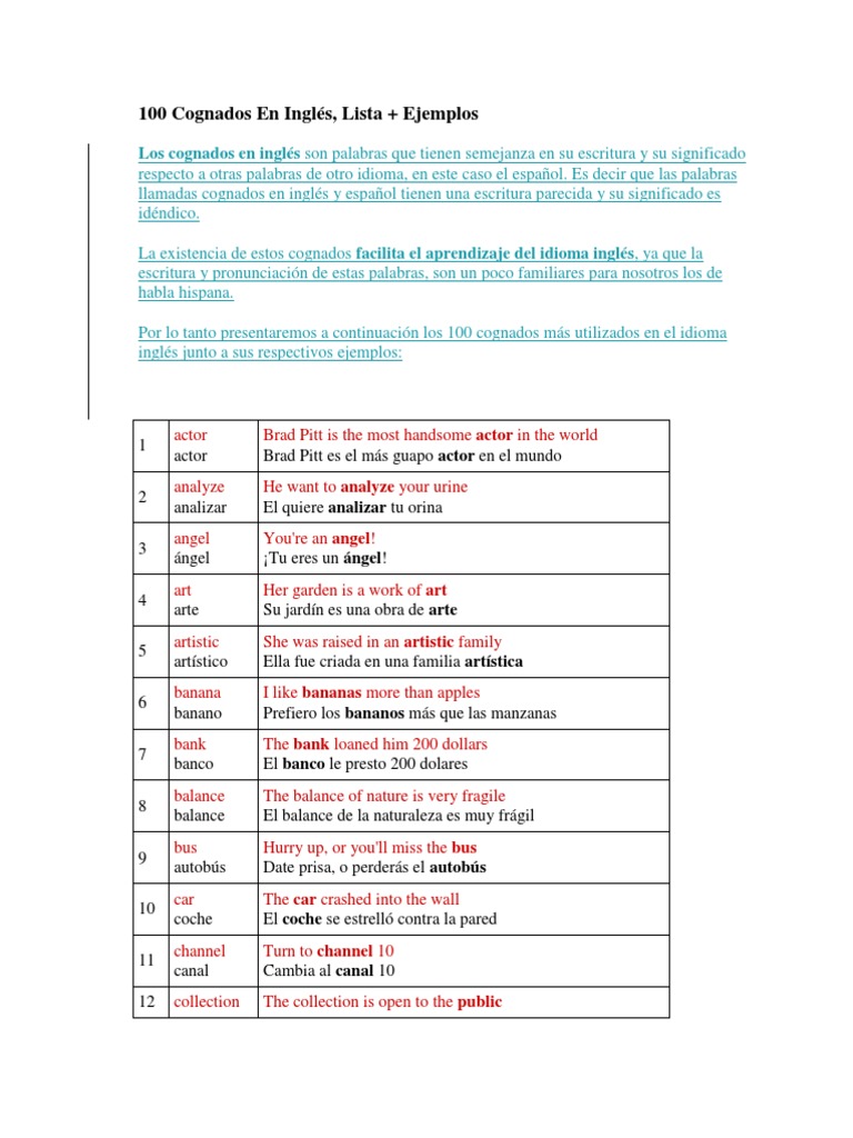 100 Cognados en Inglés | PDF | Idiomas | Entretenimiento (general)