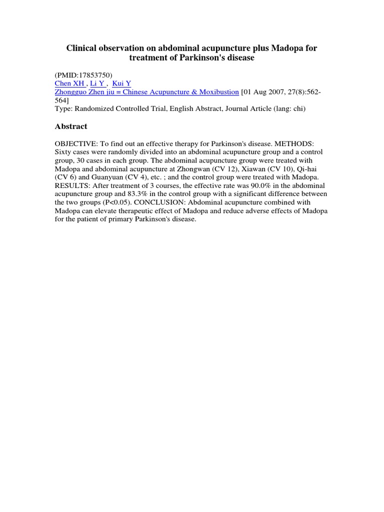 Clinical Observation On Abdominal Acupuncture Plus Madopa For Treatment ...