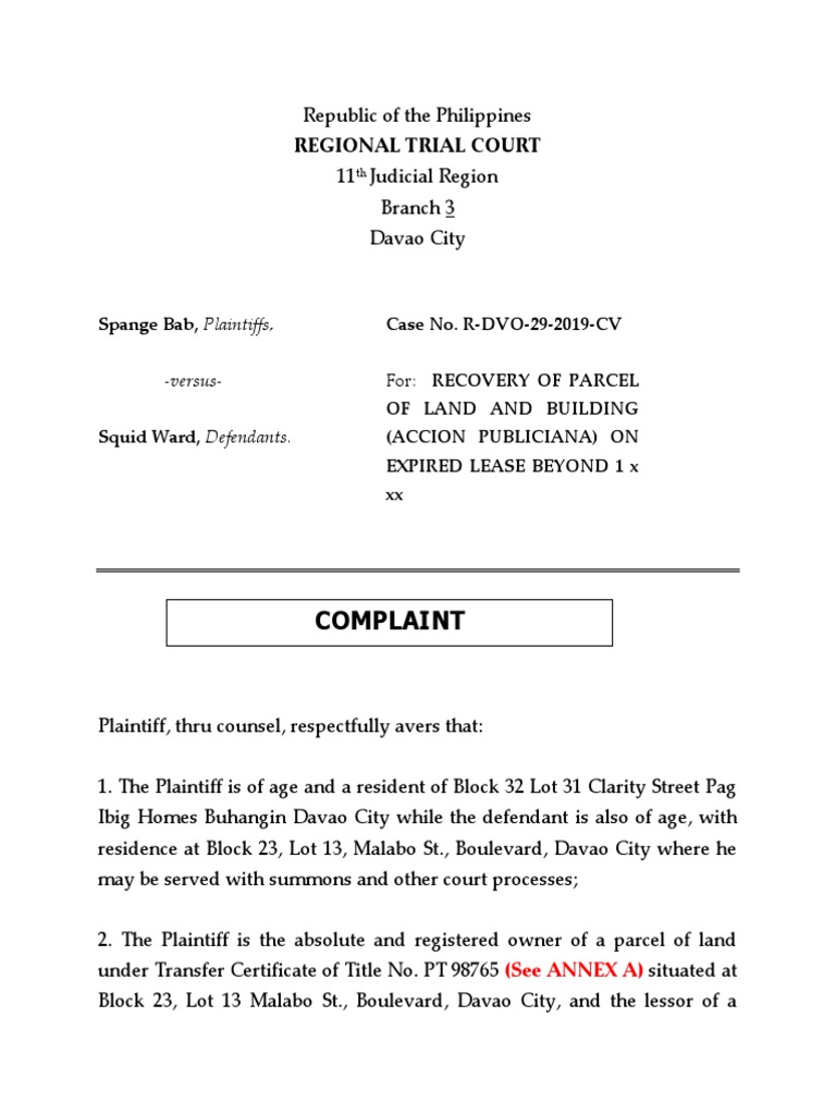 Complaint For Accion Publiciana FINAL | PDF | Lease | Eviction