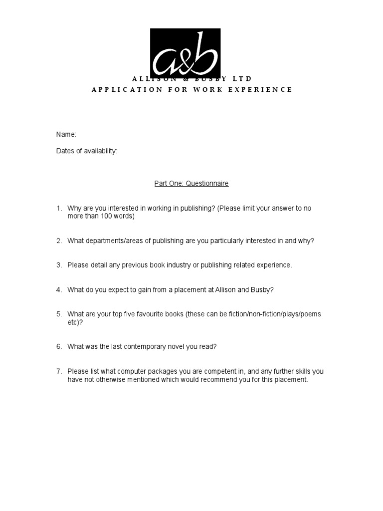 Work Experience Application Questionnaire | PDF | Proofreading ...