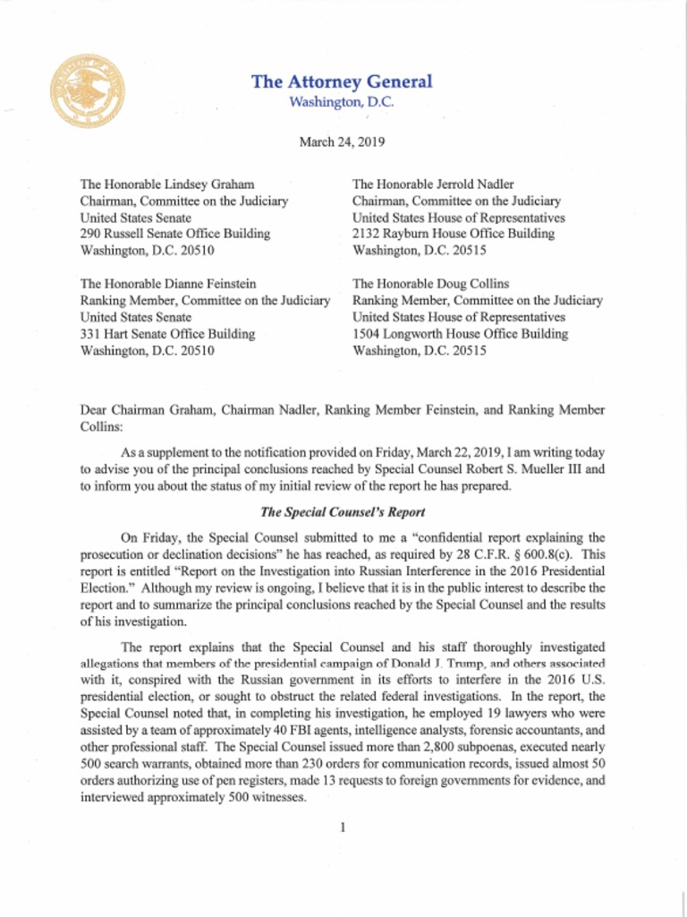 Barr's Summary of Mueller Report | PDF