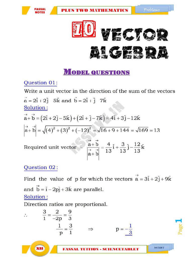 Hsslive-12 M P Chapter 10 Vector Algebra | PDF