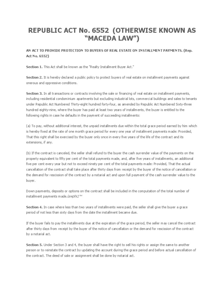 Republic Act No 6552 - Maceda Law | PDF | Payments | Justice