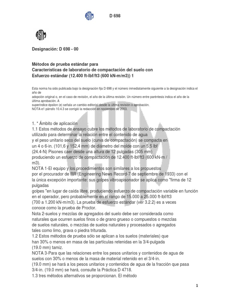 Astm D 698 - Proctor Estandar | PDF | Tabla (base de datos) | Agua