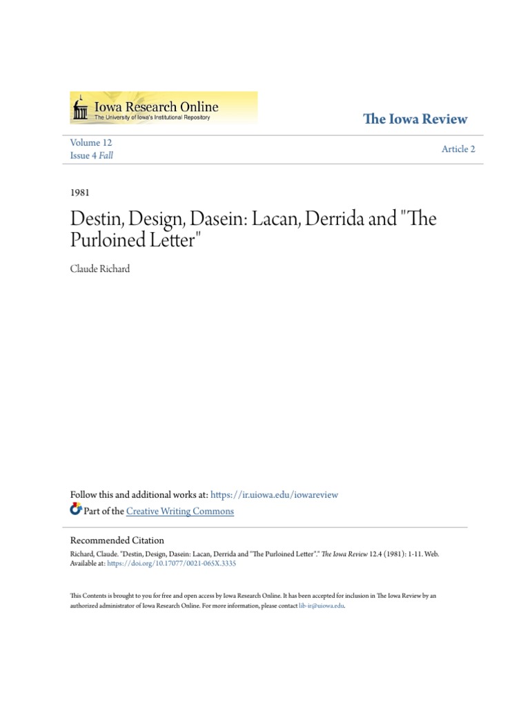 Destin Design Dasein - Lacan Derrida and The Purloined Letter | PDF ...