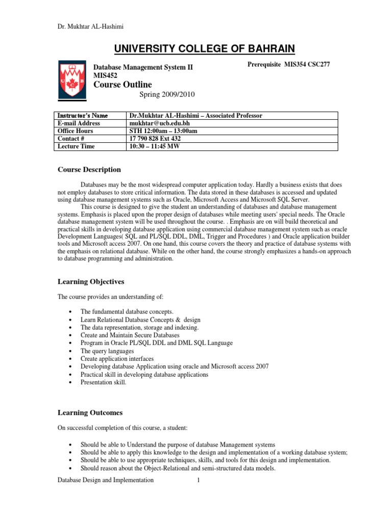 Database Course Outline Spring 2010 | PDF | Oracle Database | Databases