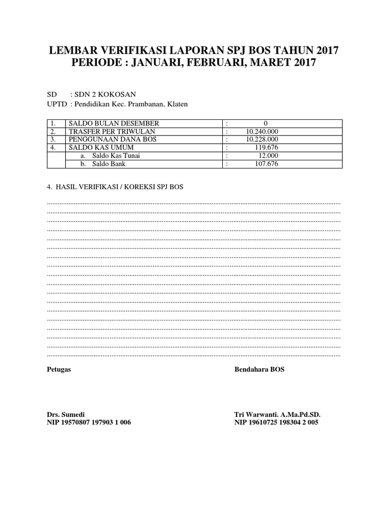 Lembar Verifikasi Laporan SPJ Bos Tahun 2016 | PDF