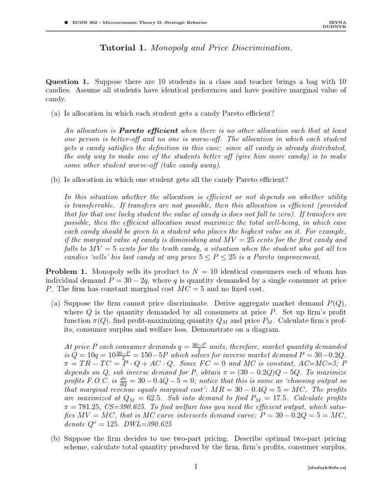 ECON302 Tutorial1 Answers PDF | PDF | Demand | Monopoly