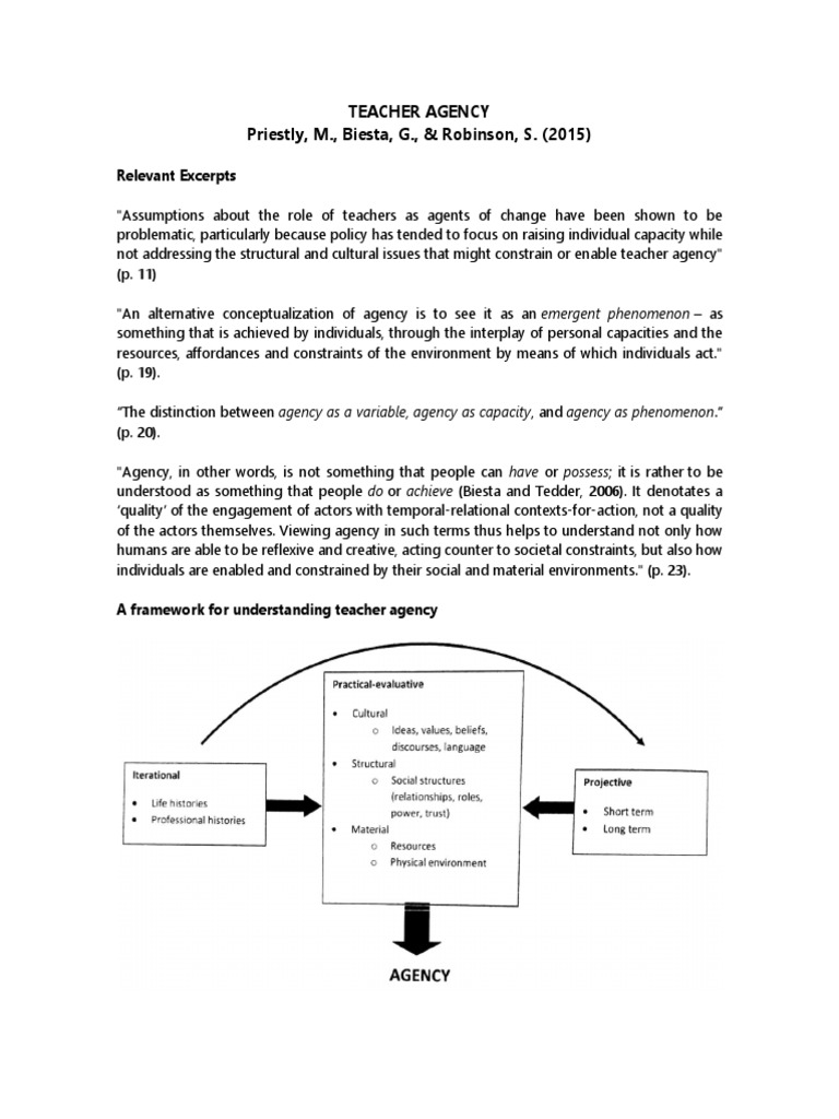 Teacher Agency Priestly, M., Biesta, G., & Robinson, S. (2015) | PDF ...