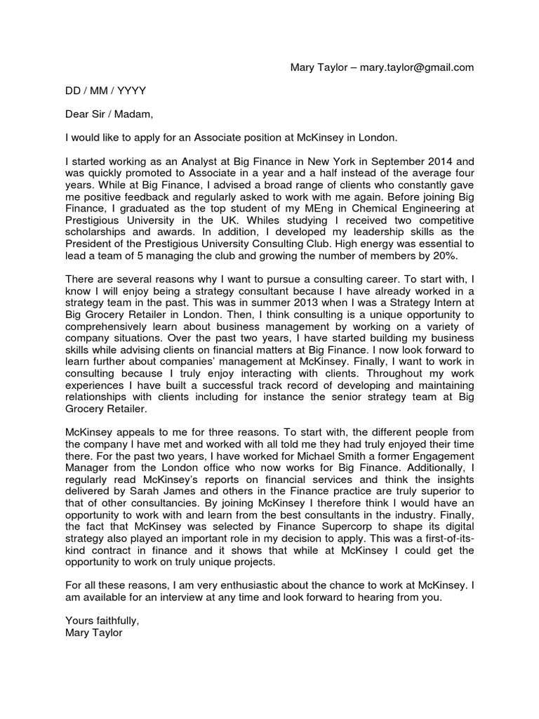 Cover Letter McKinsey Sample PDF | PDF | Mc Kinsey & Company | Business