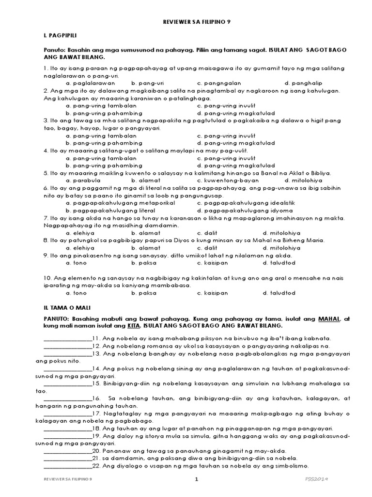 Reviewer Sa Filipino 9 | PDF