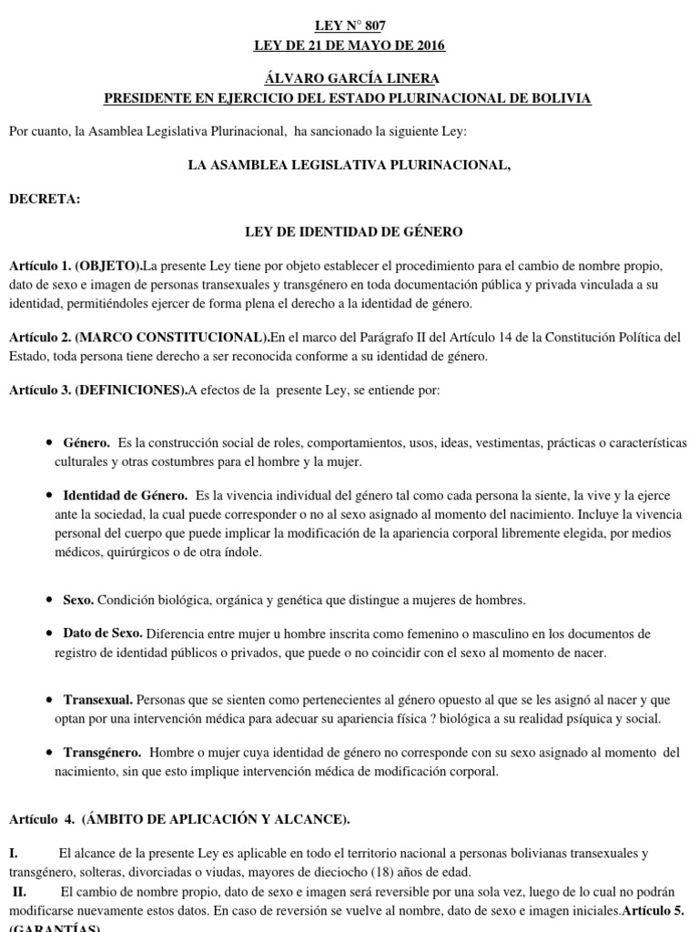 Bolivia - Ley 807 - Ley de Identidad de Género - 22 Mai 16 PDF | PDF
