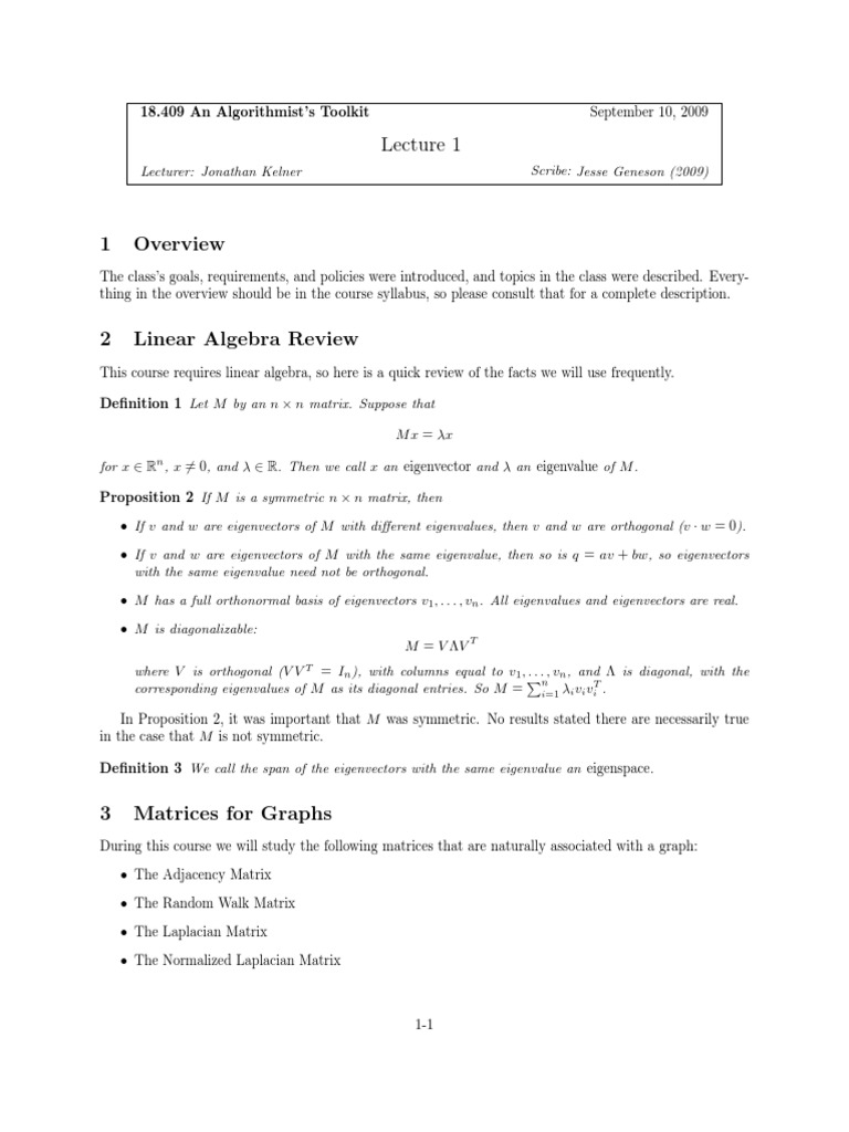 An Algorithmists Toolkit Lecture 1 | PDF | Eigenvalues And Eigenvectors ...