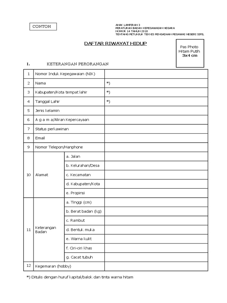 (DRH) Perka BKN No 14 THN 2018 - Anak Lampiran 3-1 | PDF