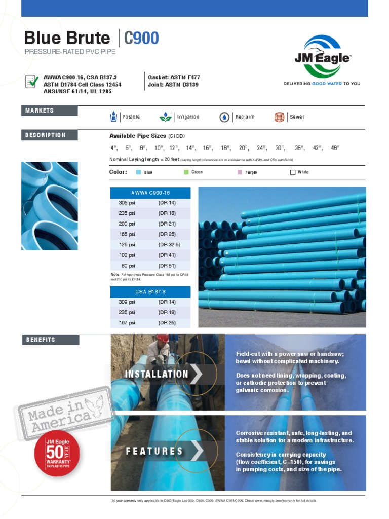 JM Eagle Blue Brute C900 Onesheet Rev21 | PDF | Pipe (Fluid Conveyance) | Corrosion