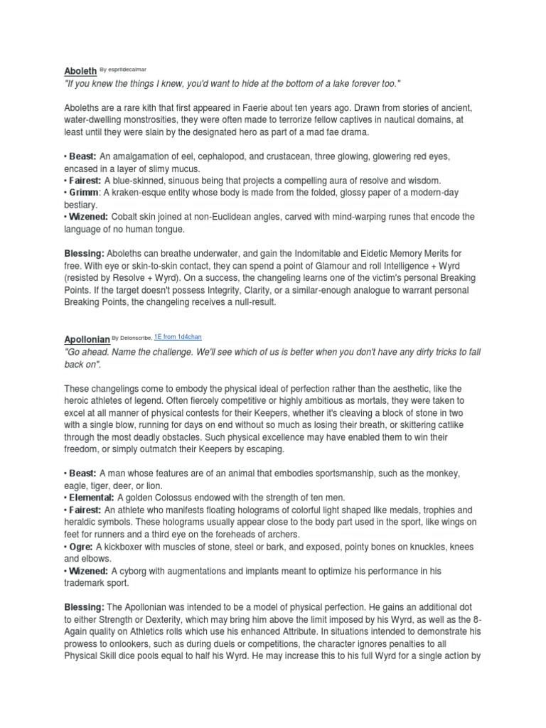 Homebrew Changeling Kiths (2E) | PDF | Fairies | Nature