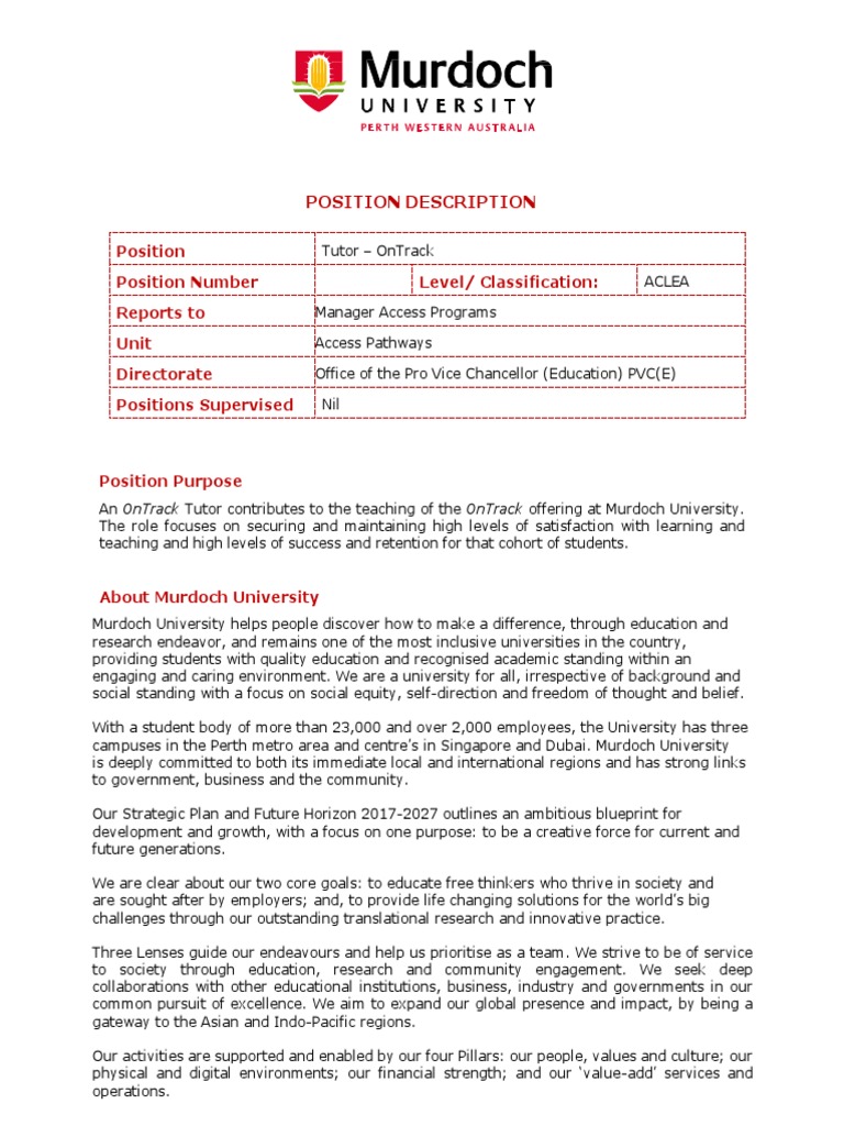 Position Description Tutor Ontrack | PDF | Higher Education | Teachers
