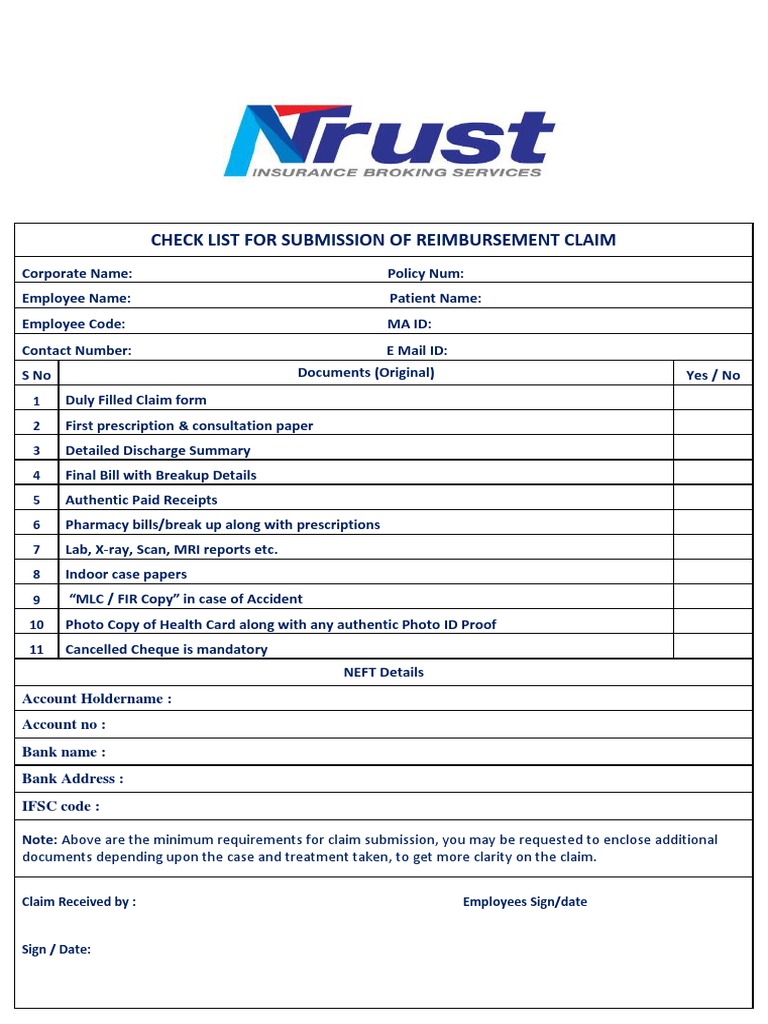 Checklist for medical reimbursement claim submission | PDF | Cheque ...