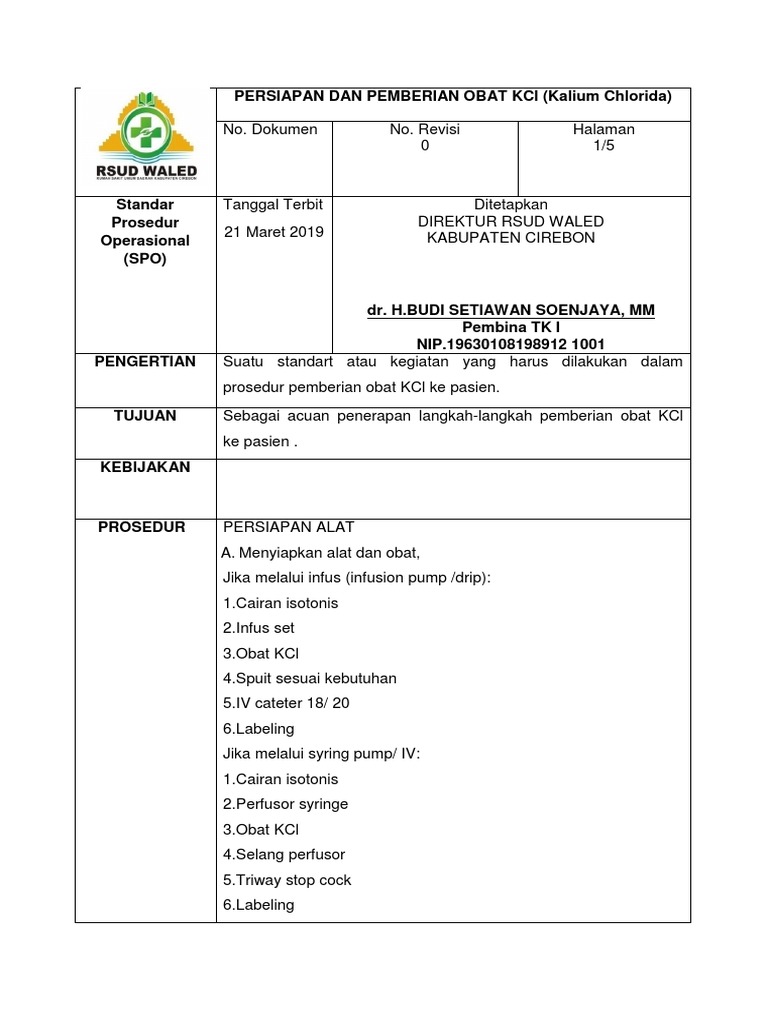 Prosedur Pemberian Obat KCl Infus | PDF