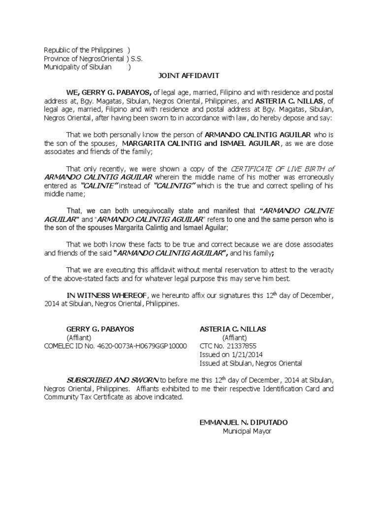 Affidavit Name Wrong Entry - Armando Calintig Aguilar | PDF