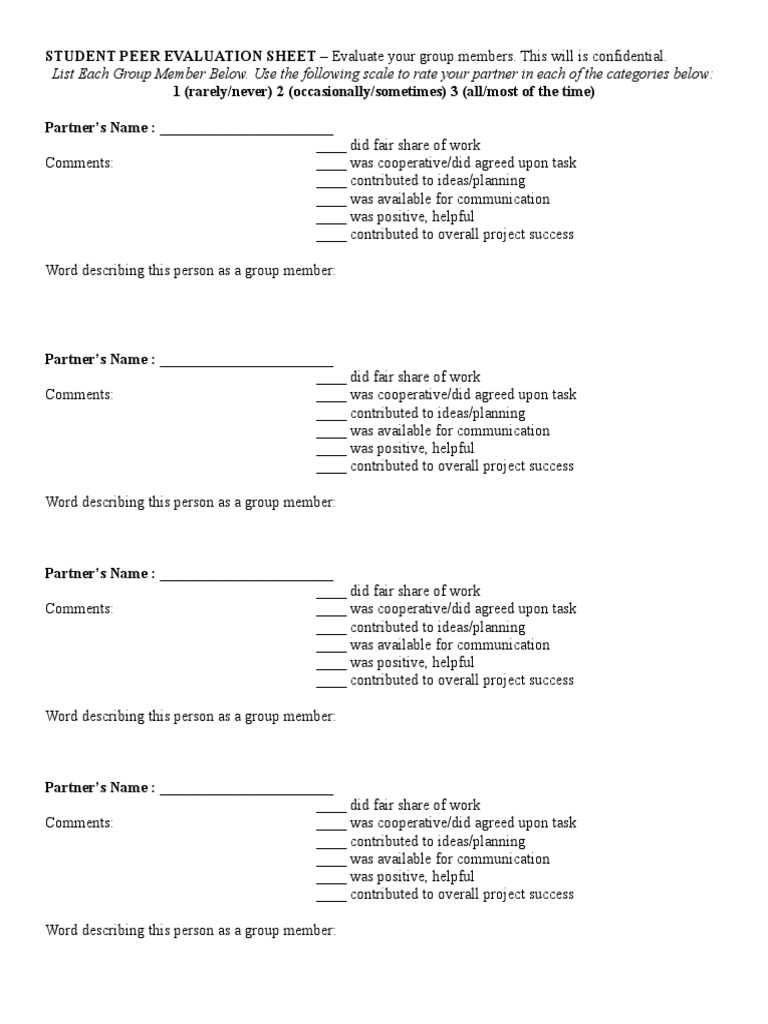Student Peer Evaluation Sheet Final | PDF | Communication | Cognition