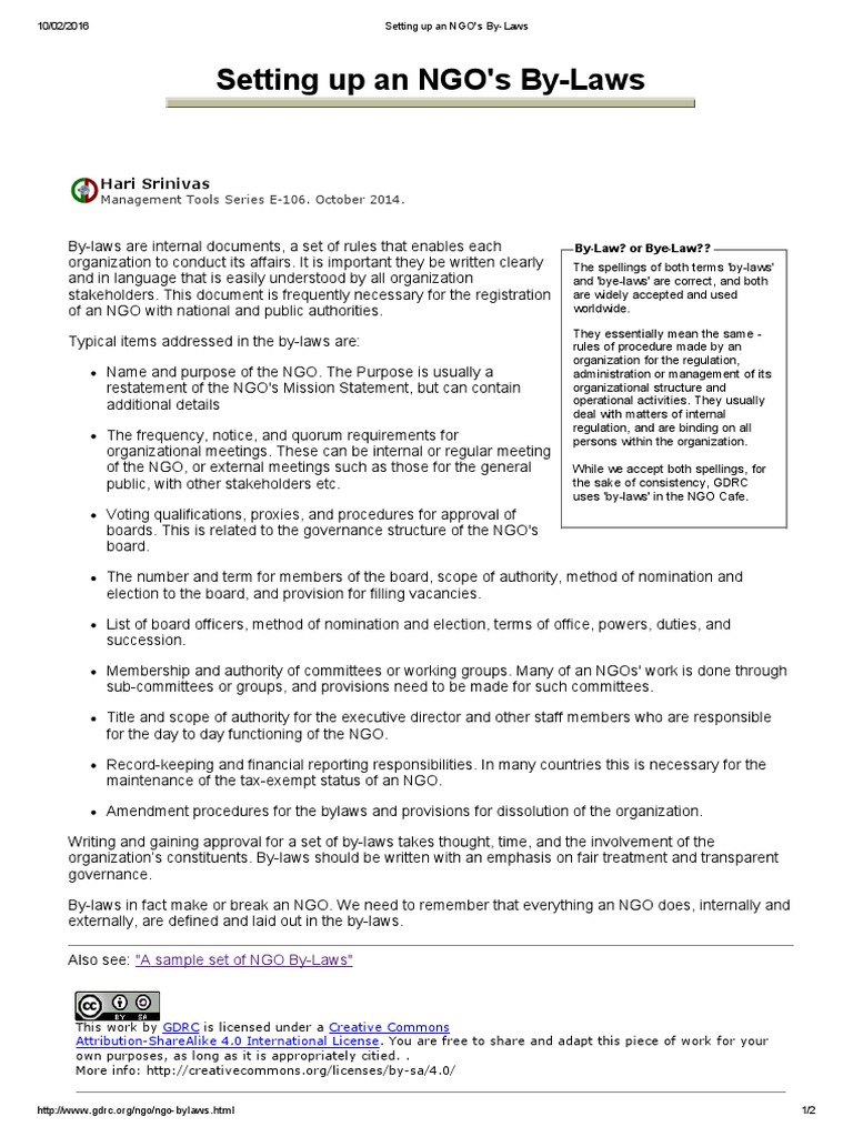 Setting Up An NGO's By-Laws | PDF | By Law | Non Governmental Organization