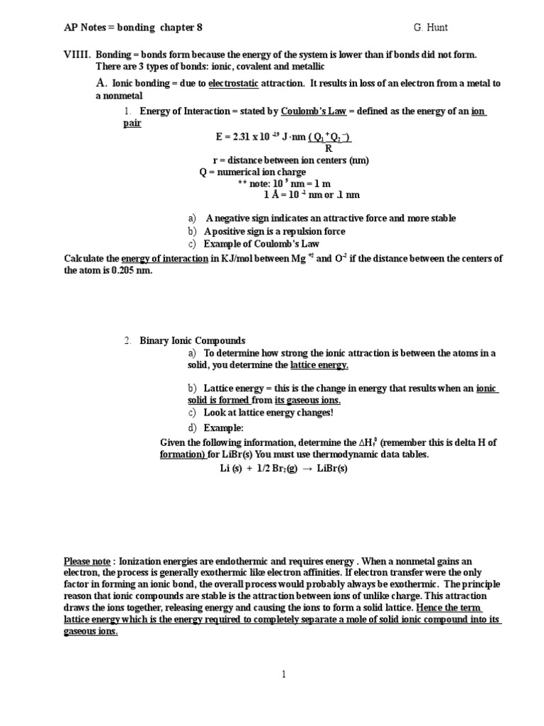 G. Hunt: AP Notes Bonding Chapter 8 Viiii | PDF | Ionic Bonding ...