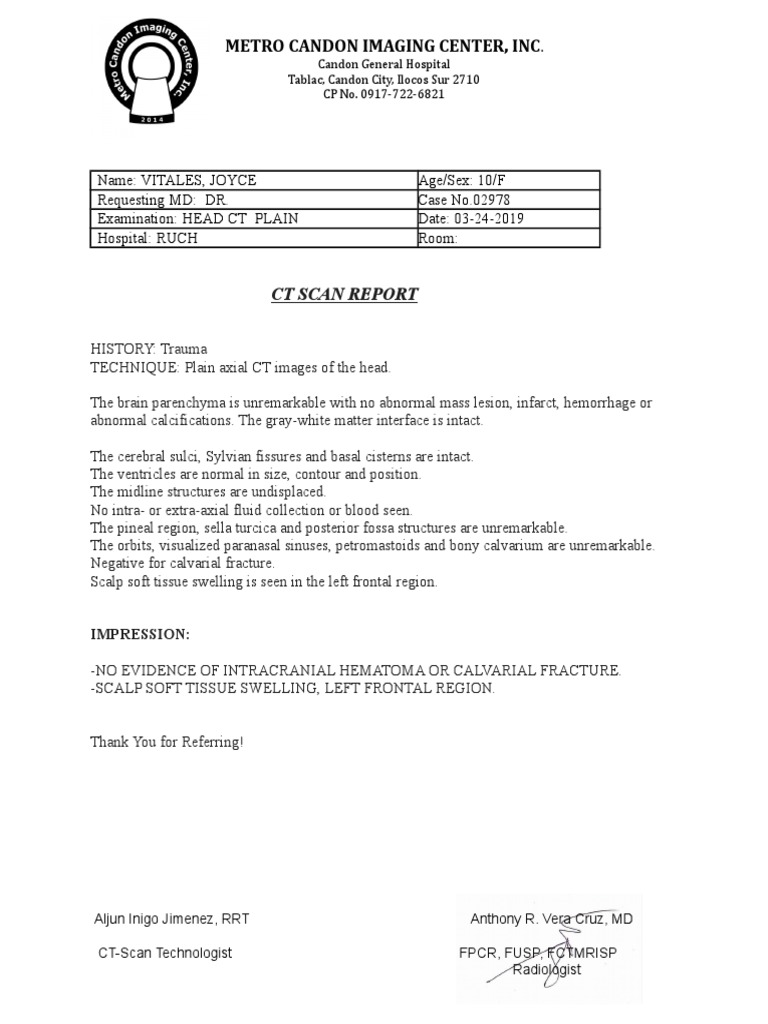 Metro Candon Imaging Center, Inc: CT Scan Report | PDF | Self-Improvement