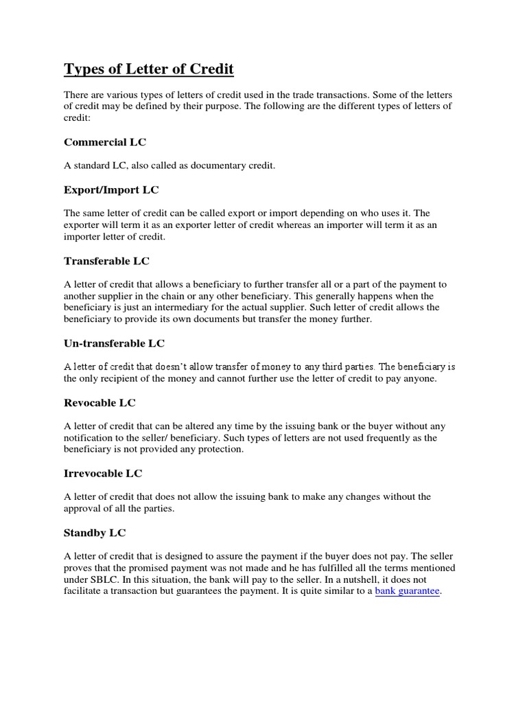 Types of Letter of Credit | PDF | Letter Of Credit | Business Law