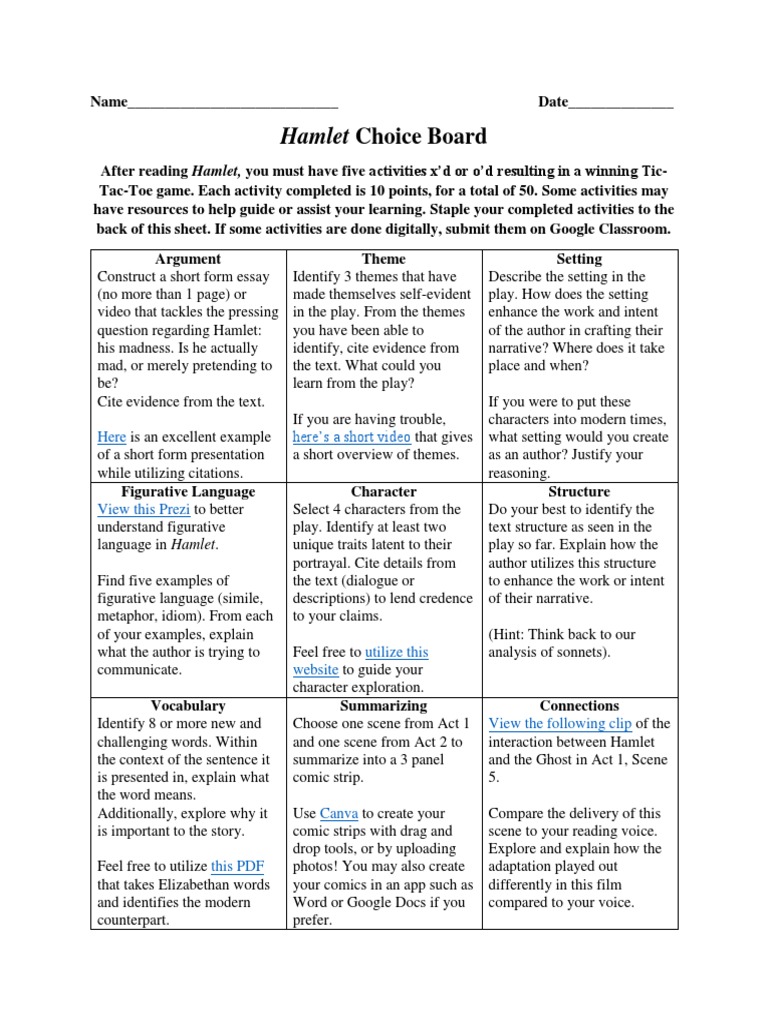 Edsc 304 Learning Menu Activity 1 | PDF | Hamlet | Cognition