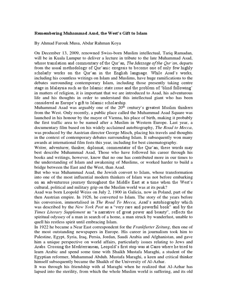 Muhammad Asad His Life Works And Legacy As One Of The 20th Century S