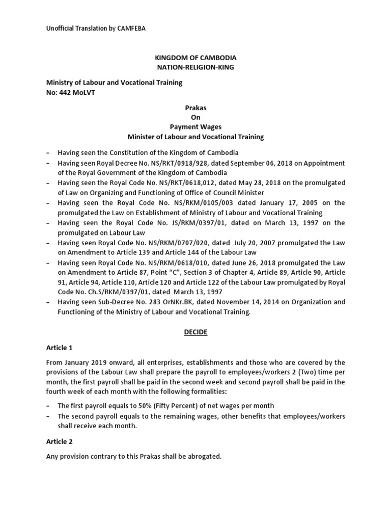 Kingdom Of Cambodia Nation-Religion-King Ministry Of Labour And ...