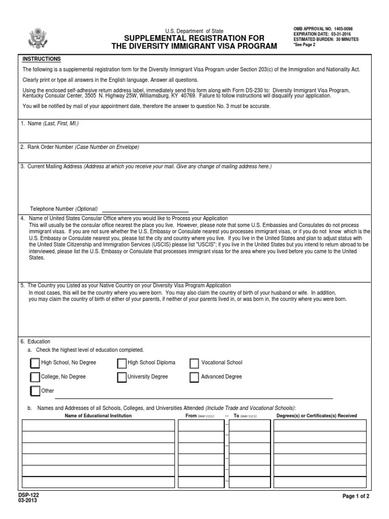 Supplemental Registration For The Diversity Immigrant Visa Program ...