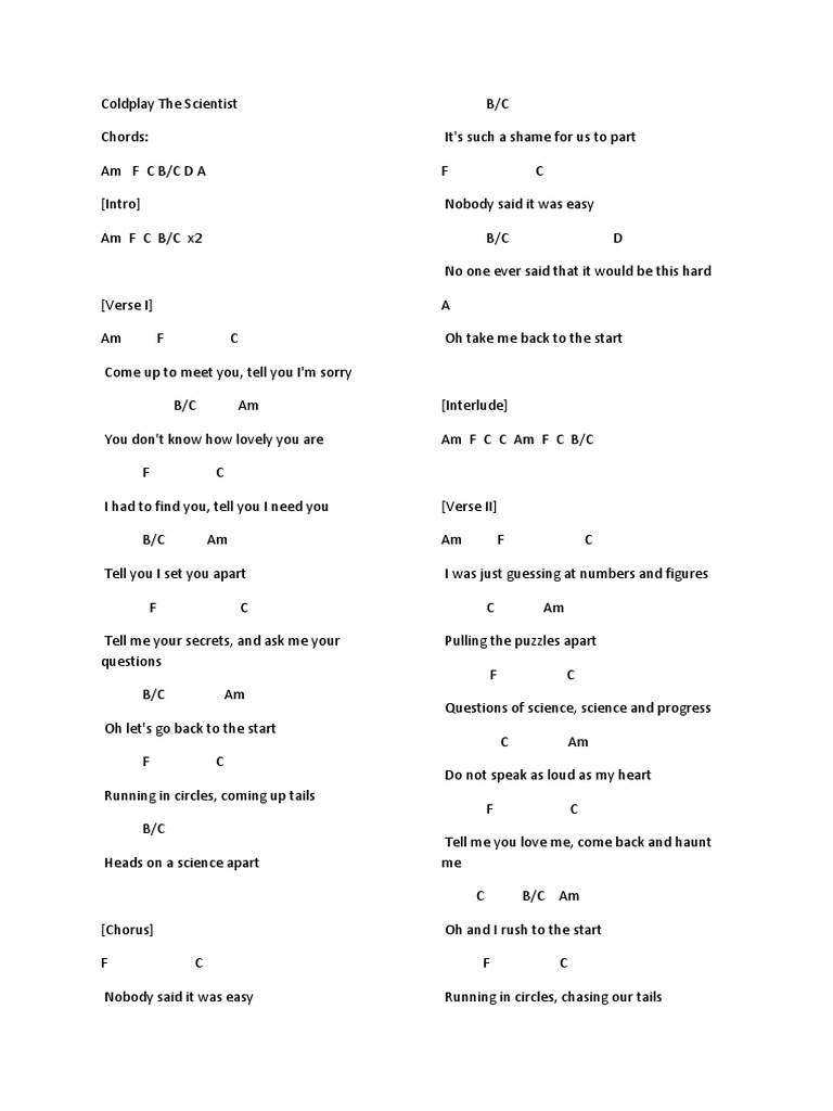 Coldplay The Scientist Guitar Chords
