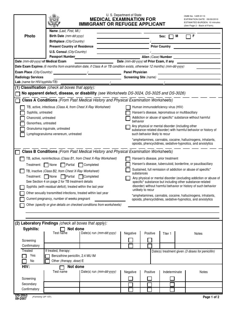 Immigration Medical Exam DS-2053 Form | PDF | Vaccines | Chronic Condition