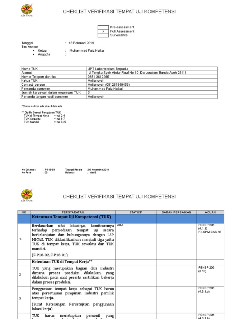 Checklist Verifikasi TUK Kompetensi | PDF